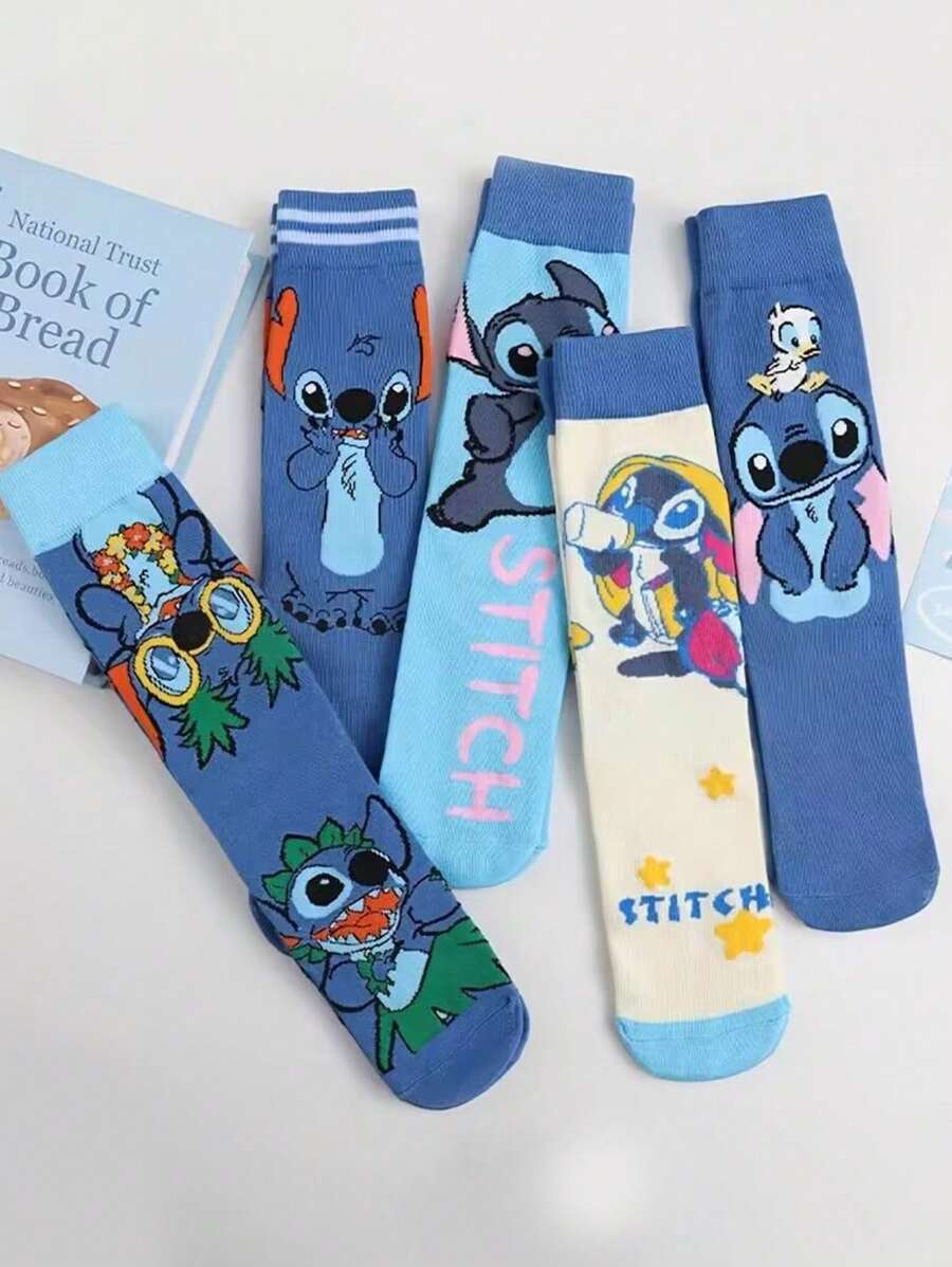Disney 5 Pairs Random Stitch Print Crew Mid-Calf Compression Socks For ...