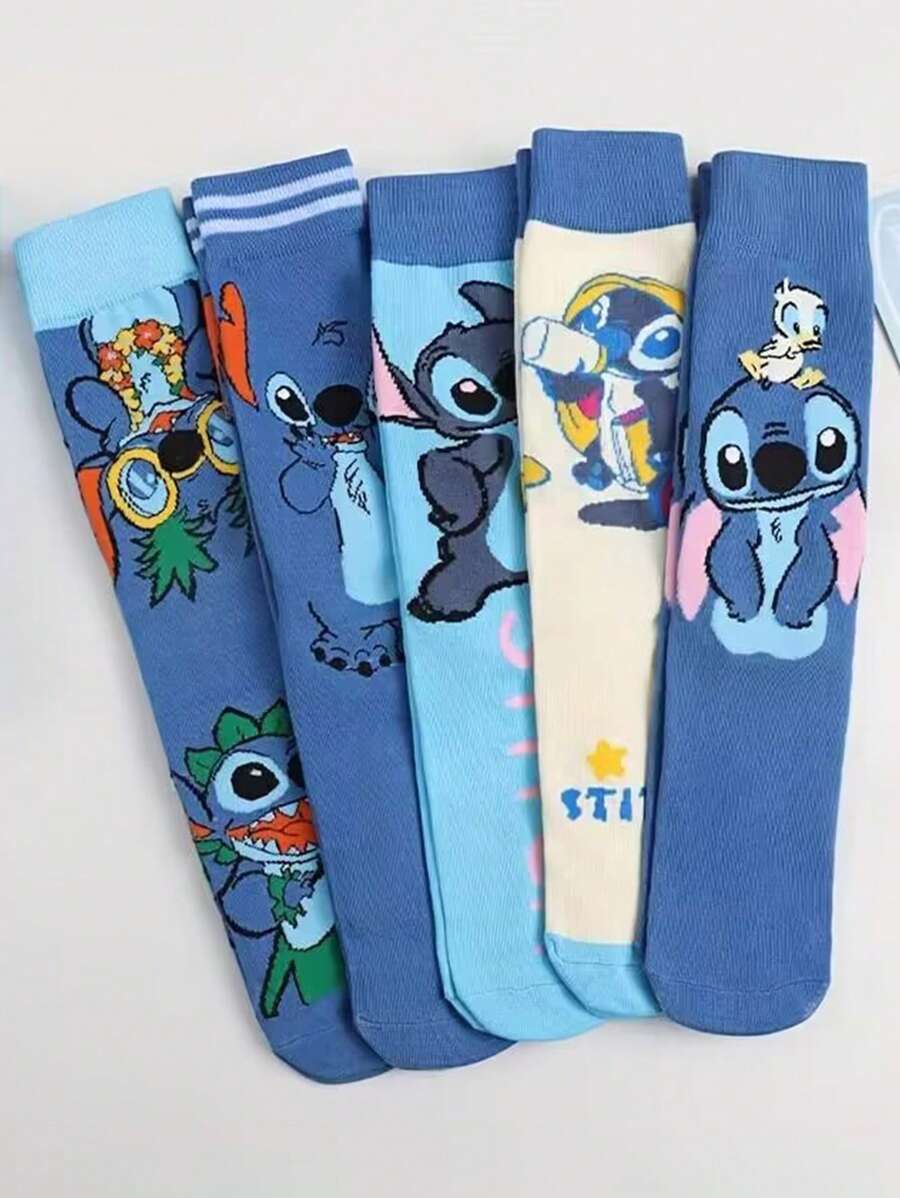 Disney 5 Pairs Random Stitch Print Crew Mid-Calf Compression Socks For ...
