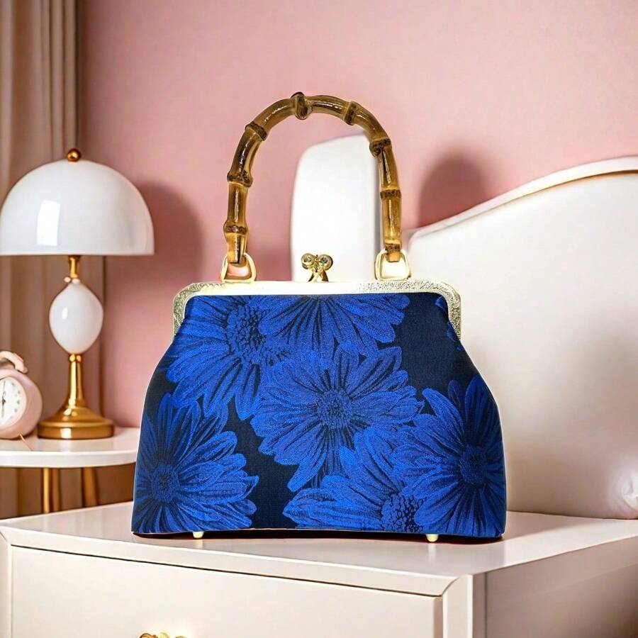 Silk-Like Royal Blue Cotton Chrysanthemum Embroidered Handbag, Bamboo ...