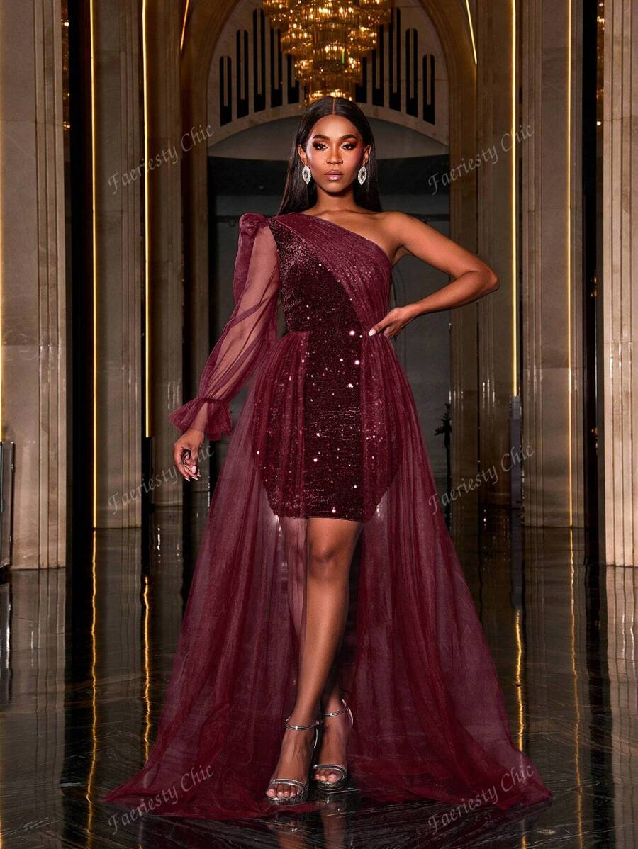 Faeriesty Asymmetrical Neck Mesh Overlay Sequin Party Dress, Cocktail ...
