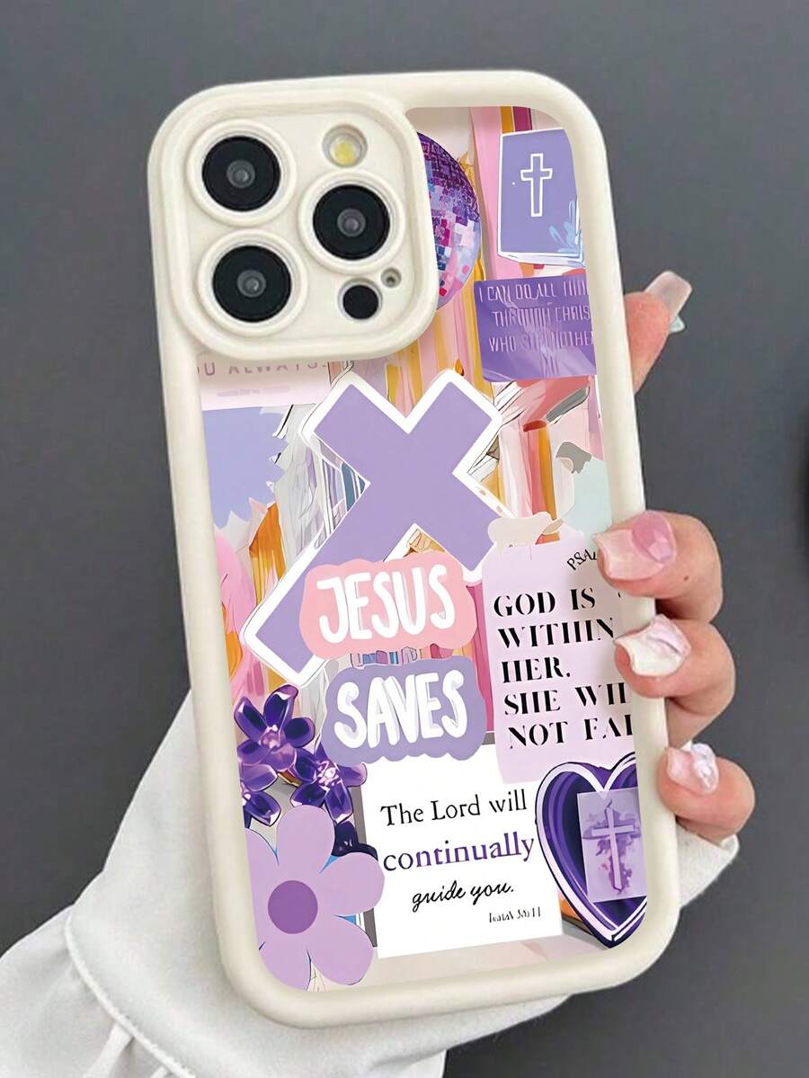 Slogan 1pc Cross Collage Pattern Thick Shockproof Full Protection White ...