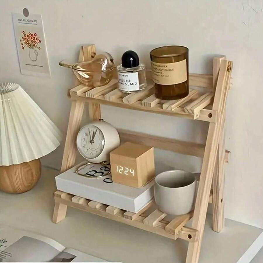 1pc Rustic Wooden Desktop Organizer Shelf,Display Stand - Double-Layer ...