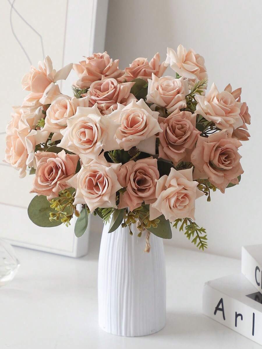 1 Bunch Artificial Rose Flowers Silk Roses Bouquets Bridal Fake Rose ...