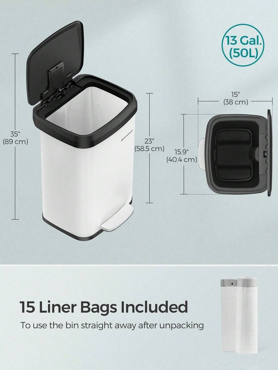 SONGMICS Kitchen Bin, 50L Rubbish Bin, Metal Waste Pedal Bin With Lid ...