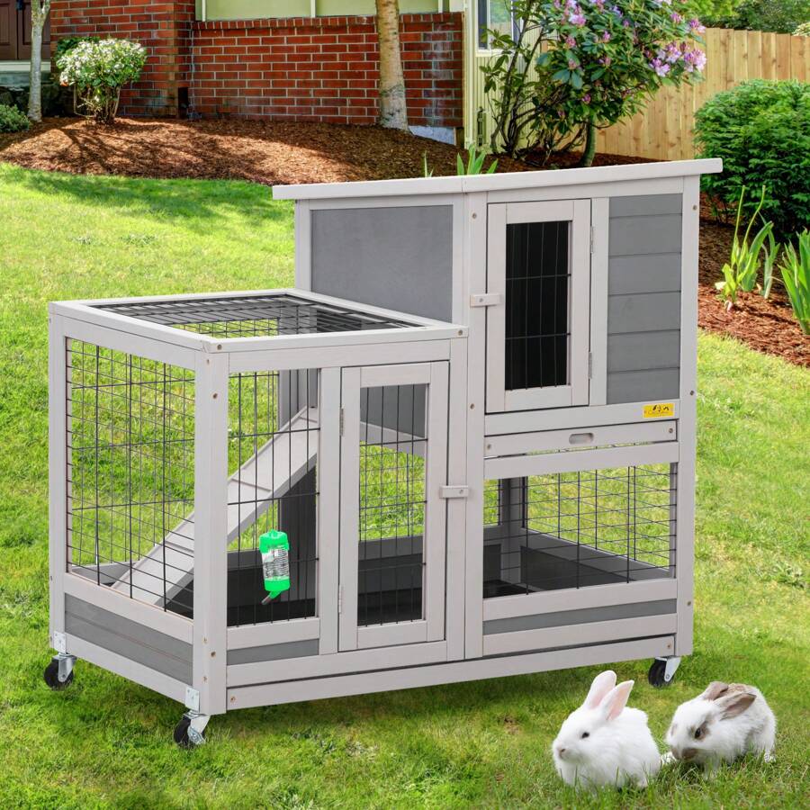Indoor Outdoor Wooden Rabbit Hutch, 2-Tier Bunny Cage With Wheels, Ramp ...