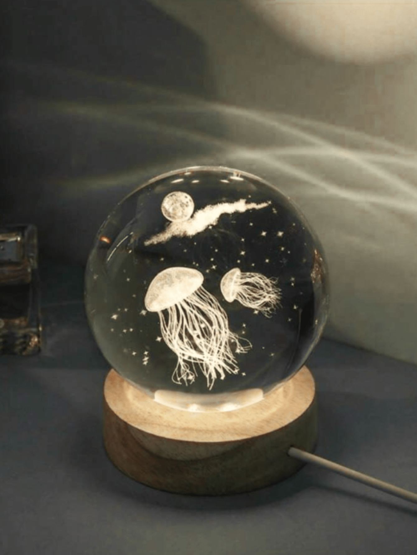 3D Glass Ball LED Lamp With Wooden Base Night Light Planet Jesus Dolphin Flower Ballerina ...