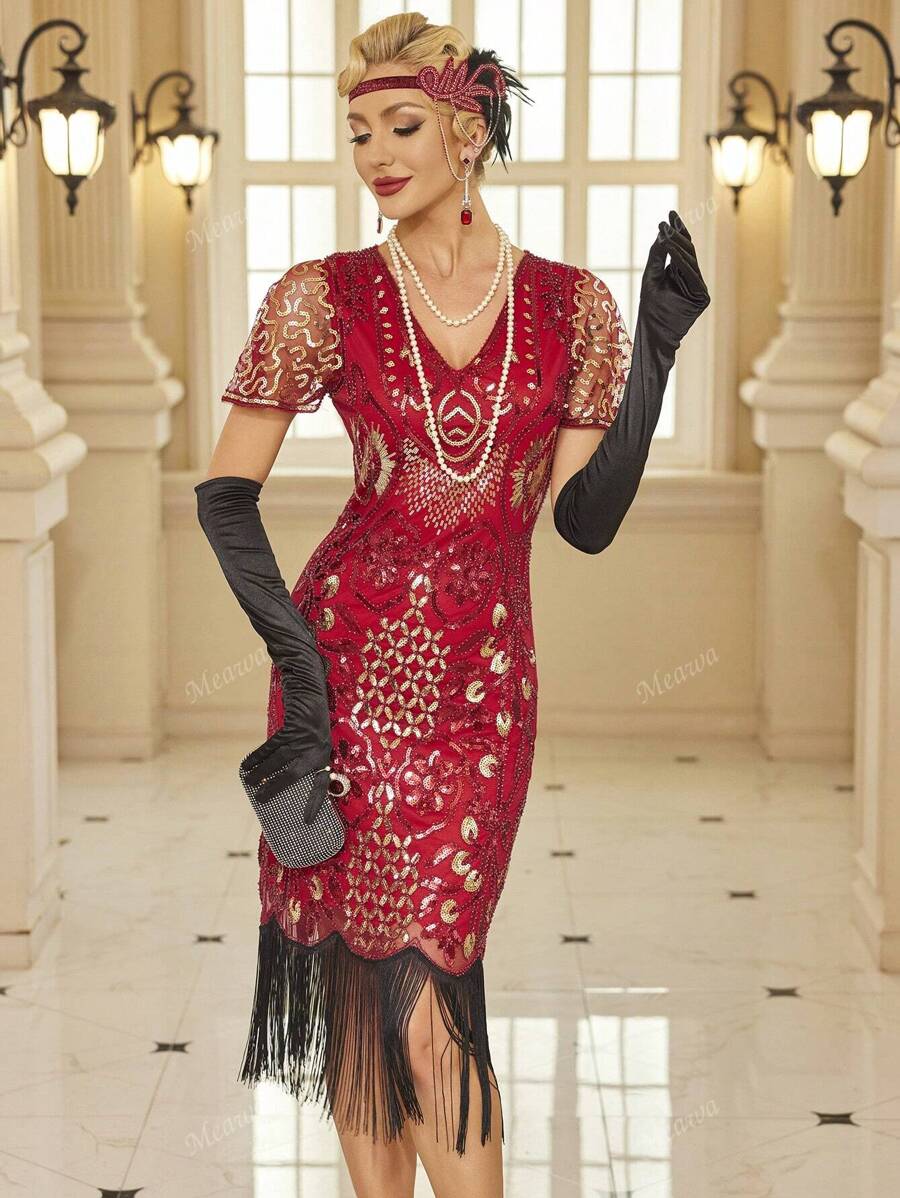 Women Vintage V-Neck Sequin Patchwork Contrast Color Fringe Hem Fitted ...