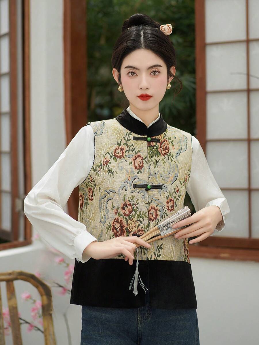 Elegant Chinese Style Improved Vest, Patchwork Open Slit Dignified ...