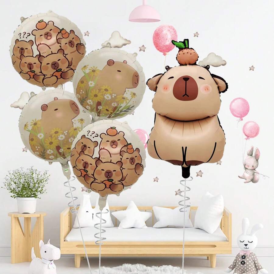 5pcs New Capybara Aluminum Foil Balloon Set, Cute Animal Theme Capybara ...