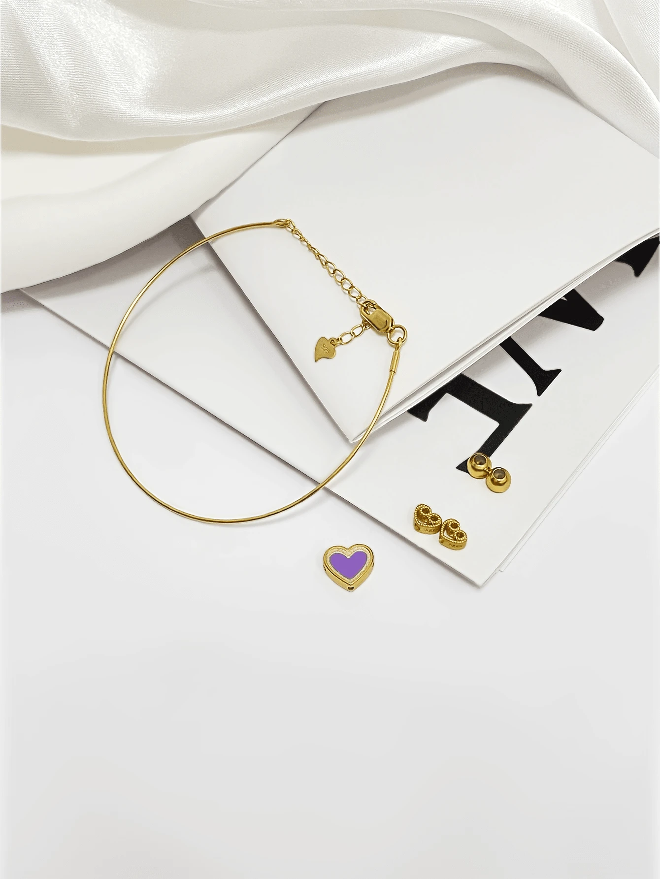 Build-Your-Own DIY 925 Sterling Silver Rigid Wire Bracelet With Dual-Sided Red And Purple Heart ...