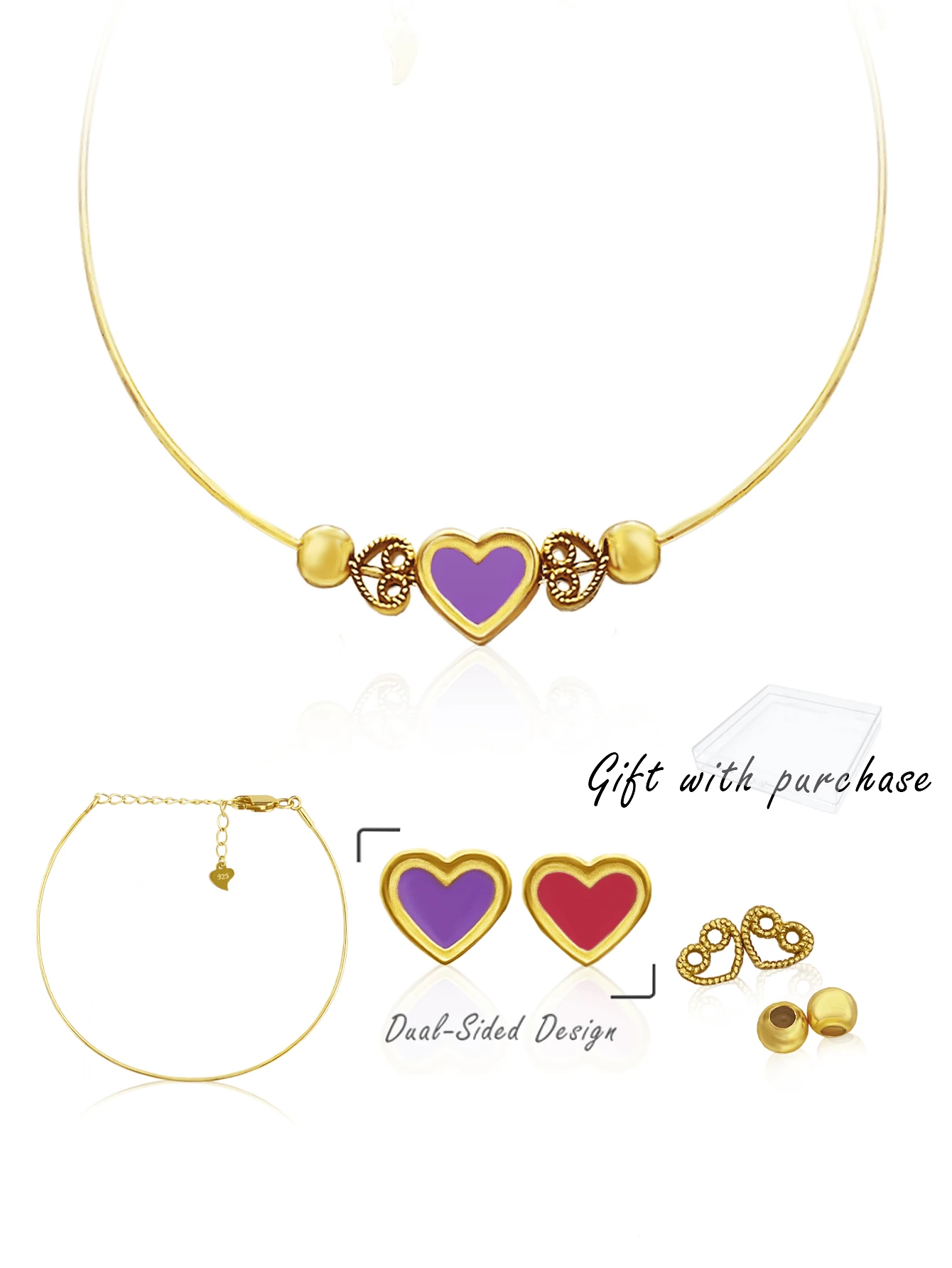 Build-Your-Own DIY 925 Sterling Silver Rigid Wire Bracelet With Dual-Sided Red And Purple Heart ...