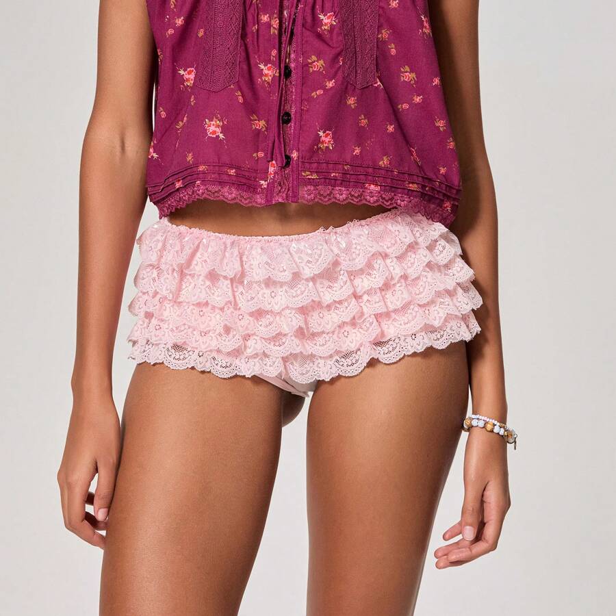Women's Lace Tiered Ruffled Shorts Cute Bottoms High Rise Lolita Short ...