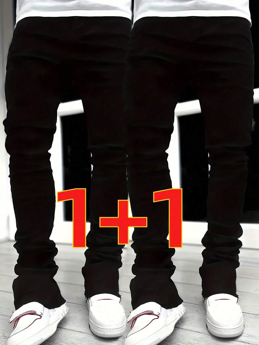 2 Packs Men's Solid Slant Pocket Stretch Fit Wide Leg Jeans Long Washed ...