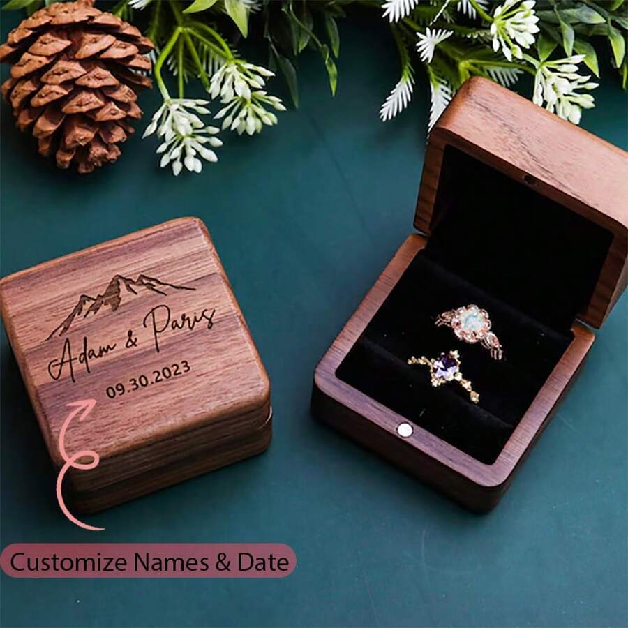 Personalised Custom Square Wooden Ring Box Holder Rustic Wedding ...