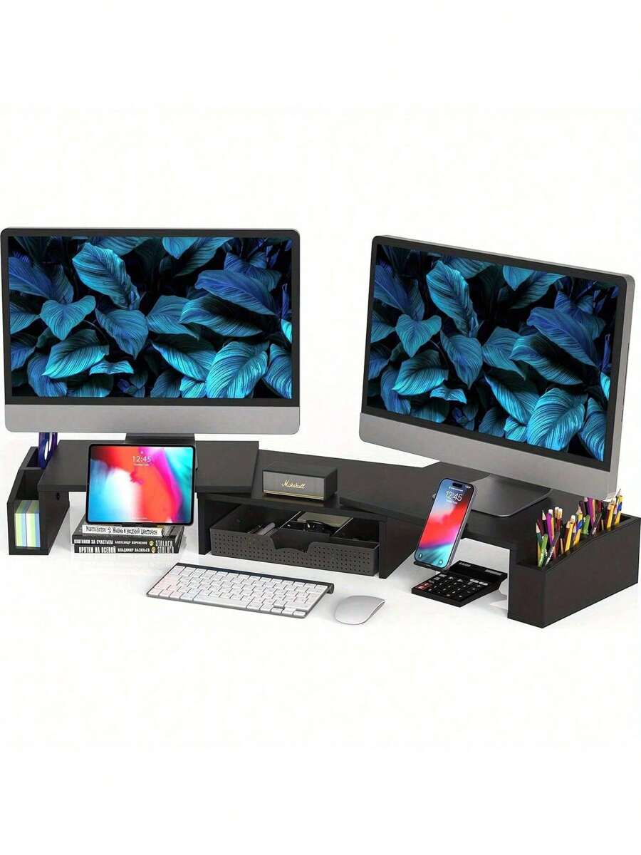 Desk Dual Monitor Stand Riser With Drawer, Black | SHEIN USA