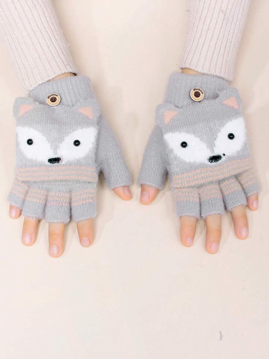 1 Pair Kids Fox Cartoon Flip-Top Warm Protective Cute Fingerless Gloves ...