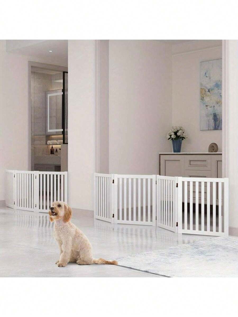 Wooden Freestanding Pet Gate, 24 Inch 3 Panel Step Over Fence, Expands ...