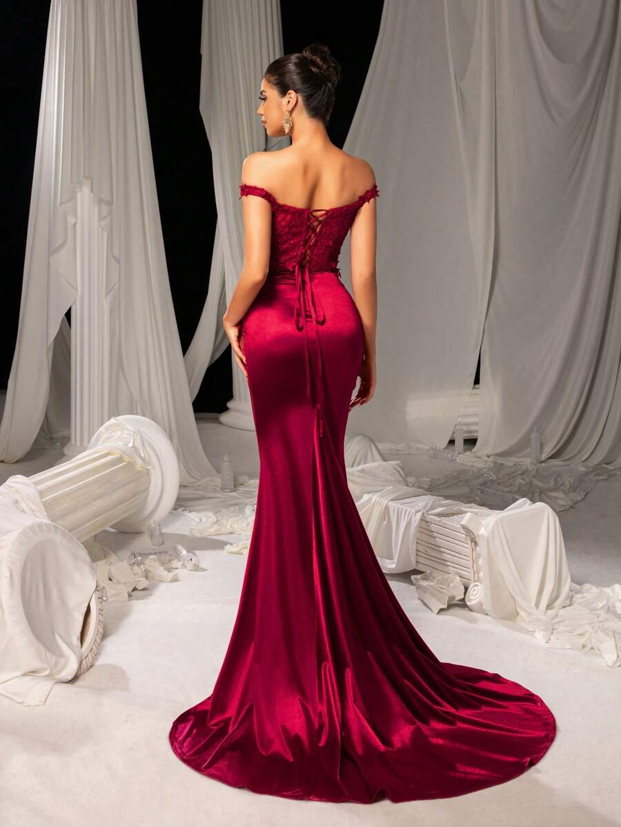 Faeriesty Off Shoulder Lace Bodice Split Mermaid Hem Satin Formal Dress, Elegant Prom Evening ...