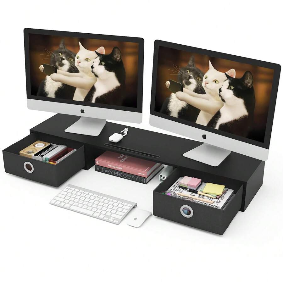 Dual Monitor Stand Riser With Two Drawers, Extra Large Storage For 2 ...