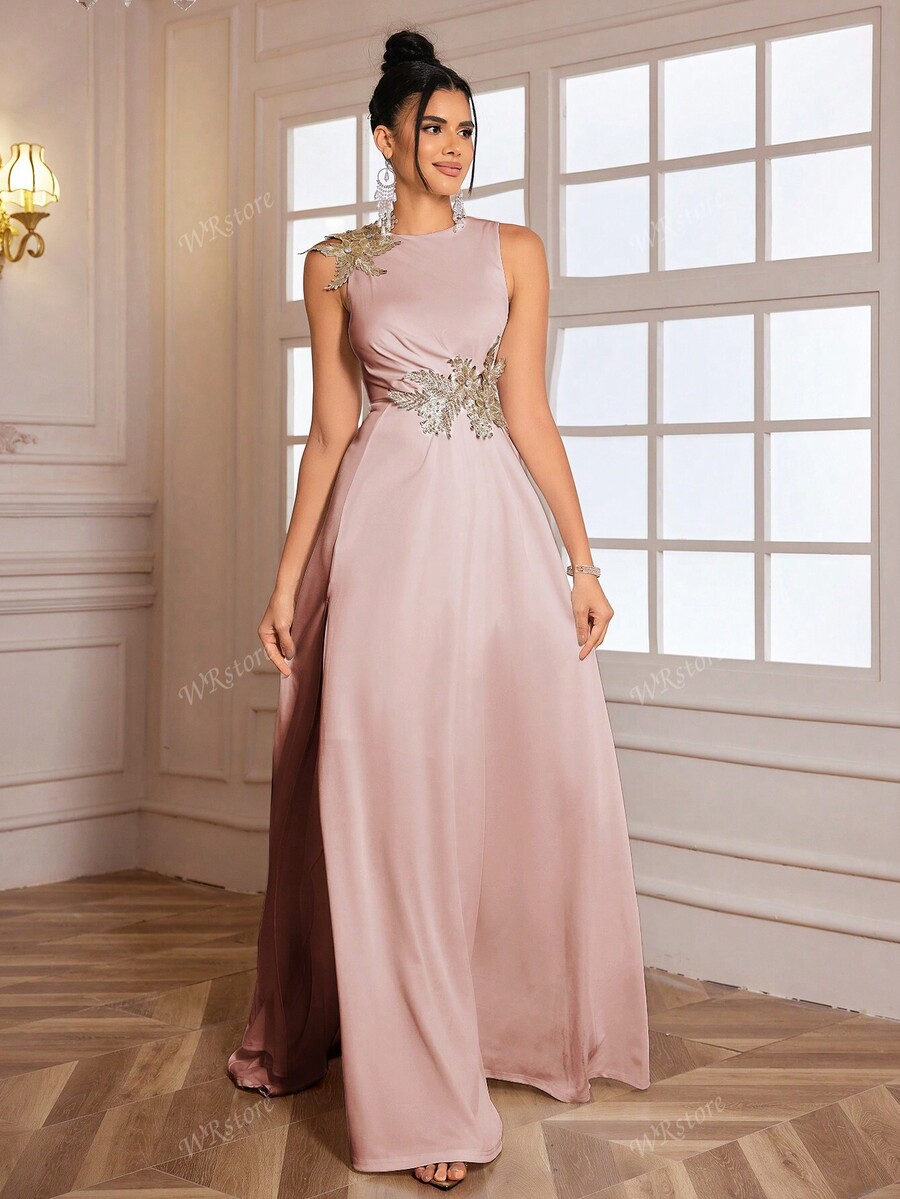 High-End Elegant 3D Floral High Slit Long Evening Dress, Formal Prom ...