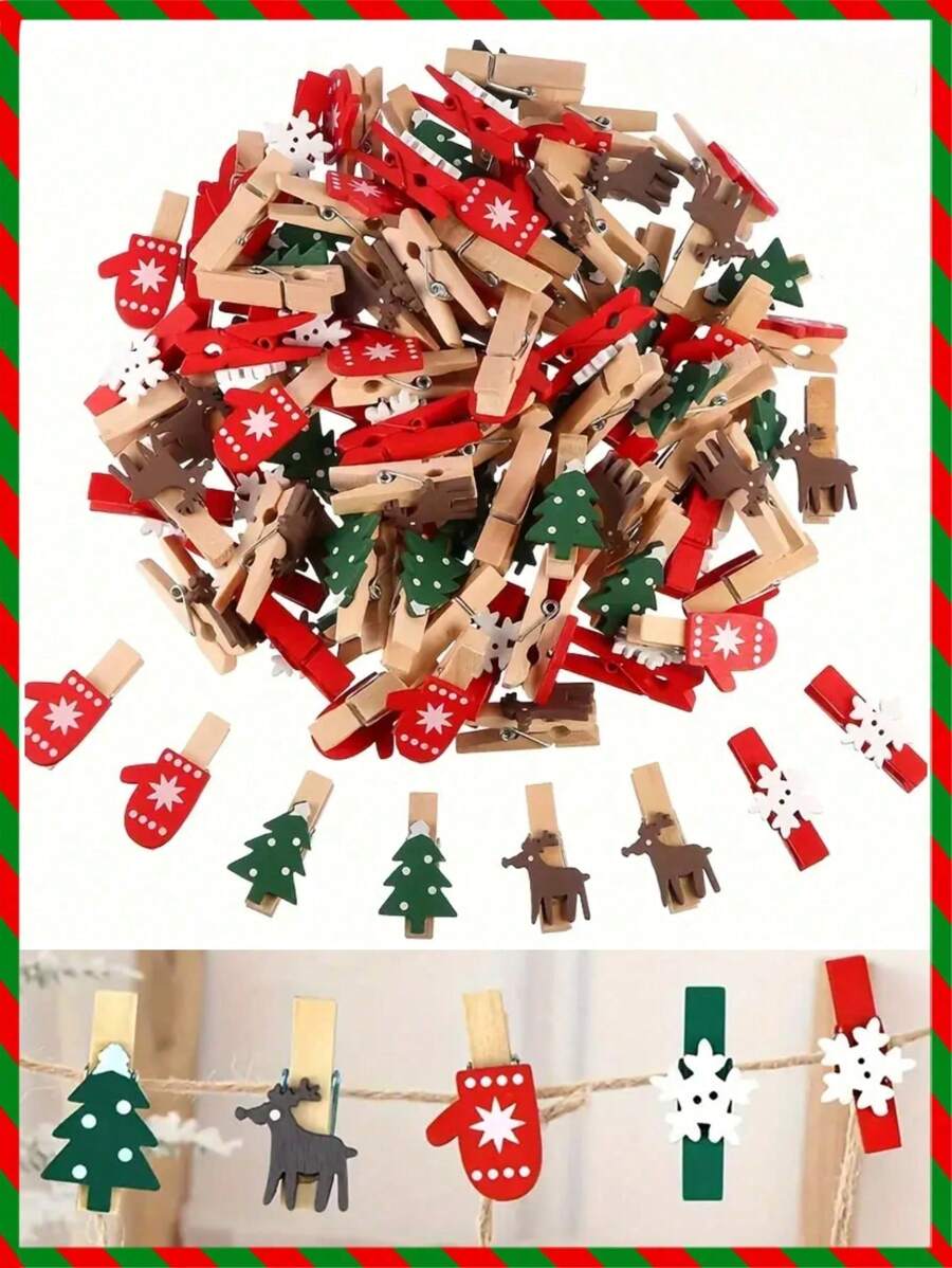 20/50pcs Random Christmas Clips, Mini Wooden DIY Photo Clips, Christmas ...