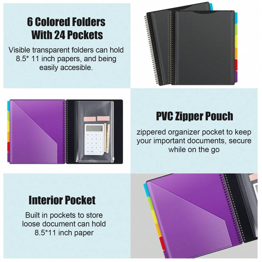 8 Pack 24 Pocket Project Organizer Binder Folders Spiral Project Folder ...