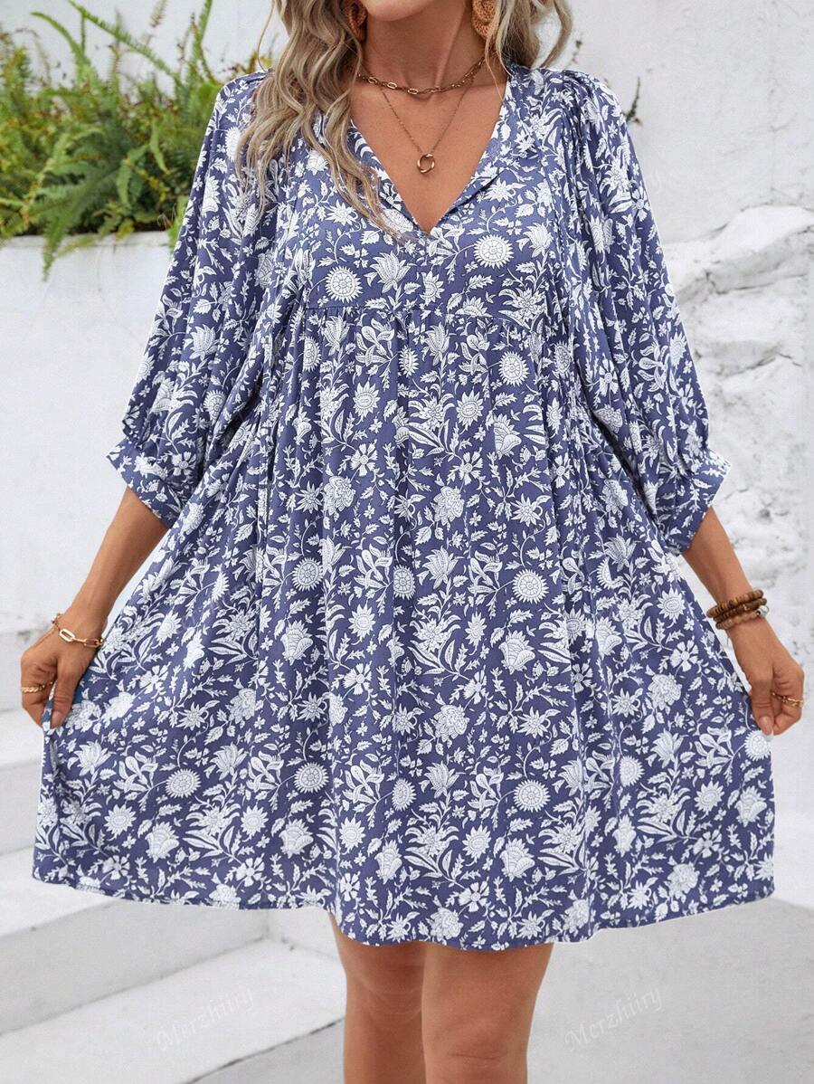 Allover Print Lantern Sleeve Smock Dress | SHEIN USA