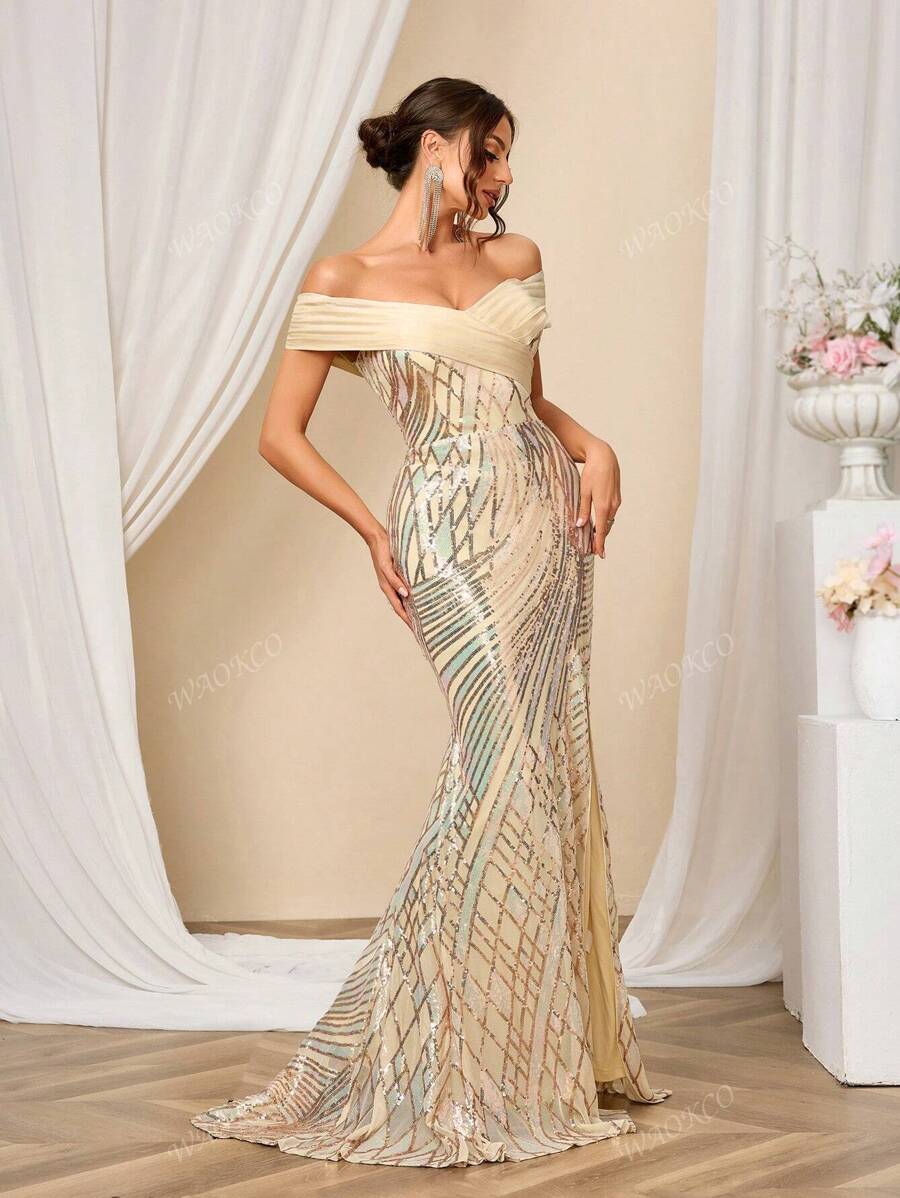 Women Off-Shoulder Beaded Split Maxi Evening Party Dress With Train ...