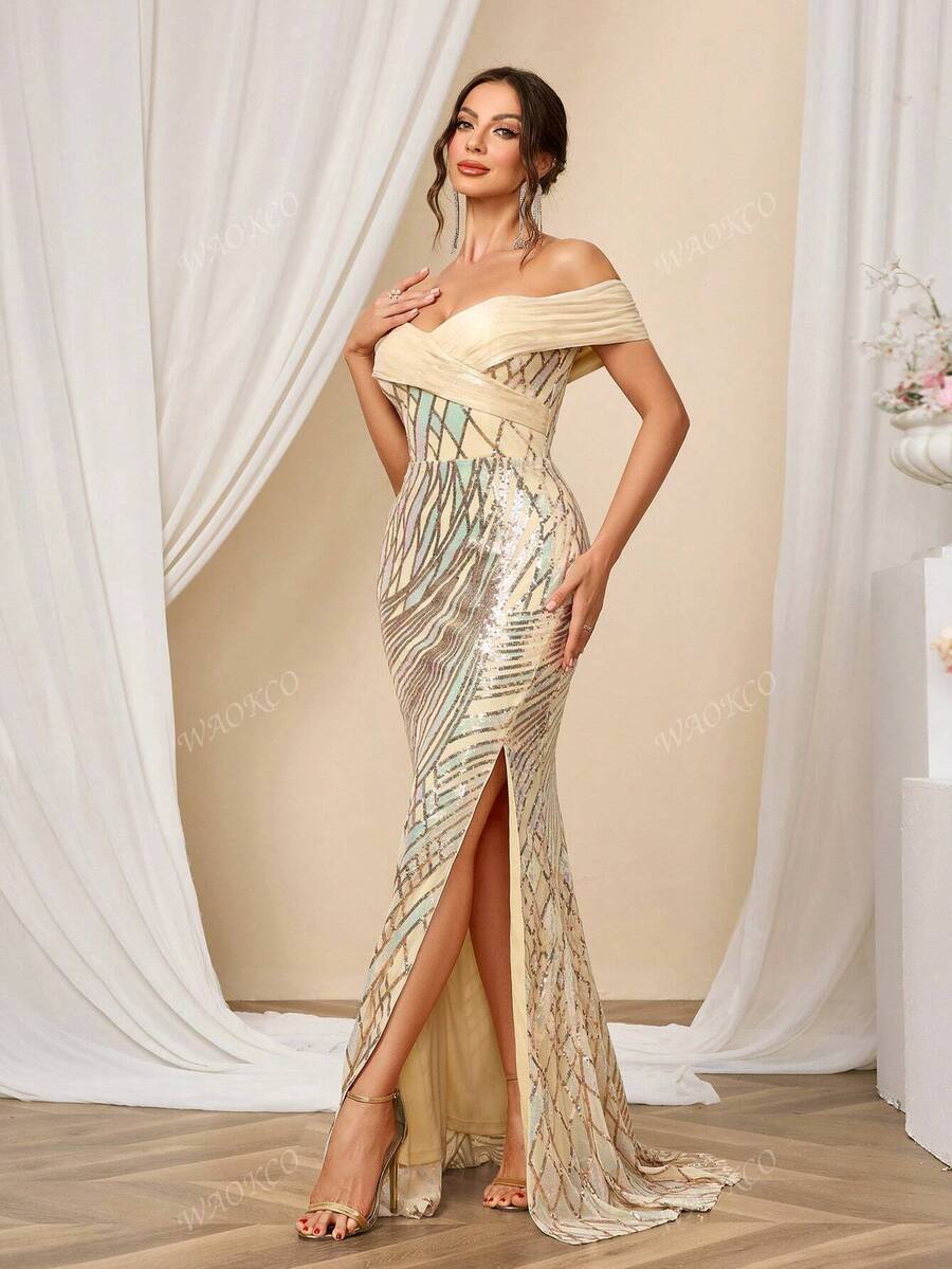 Women Off-Shoulder Beaded Split Maxi Evening Party Dress With Train ...