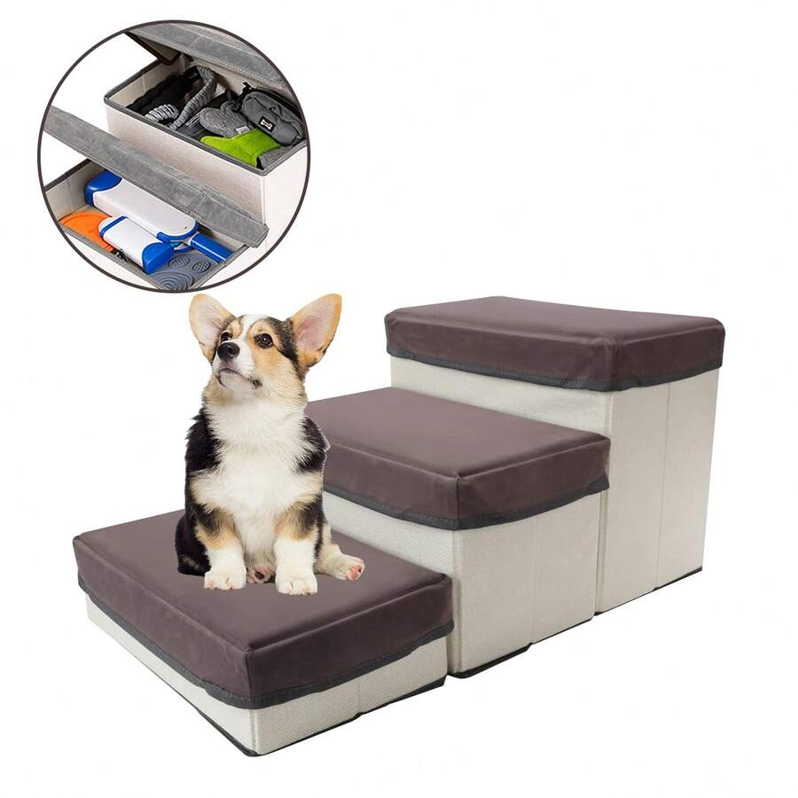 PinkSheep Dog Stairs With Storage, Foldable 3 Steps Pet Stairs Dog Cat ...