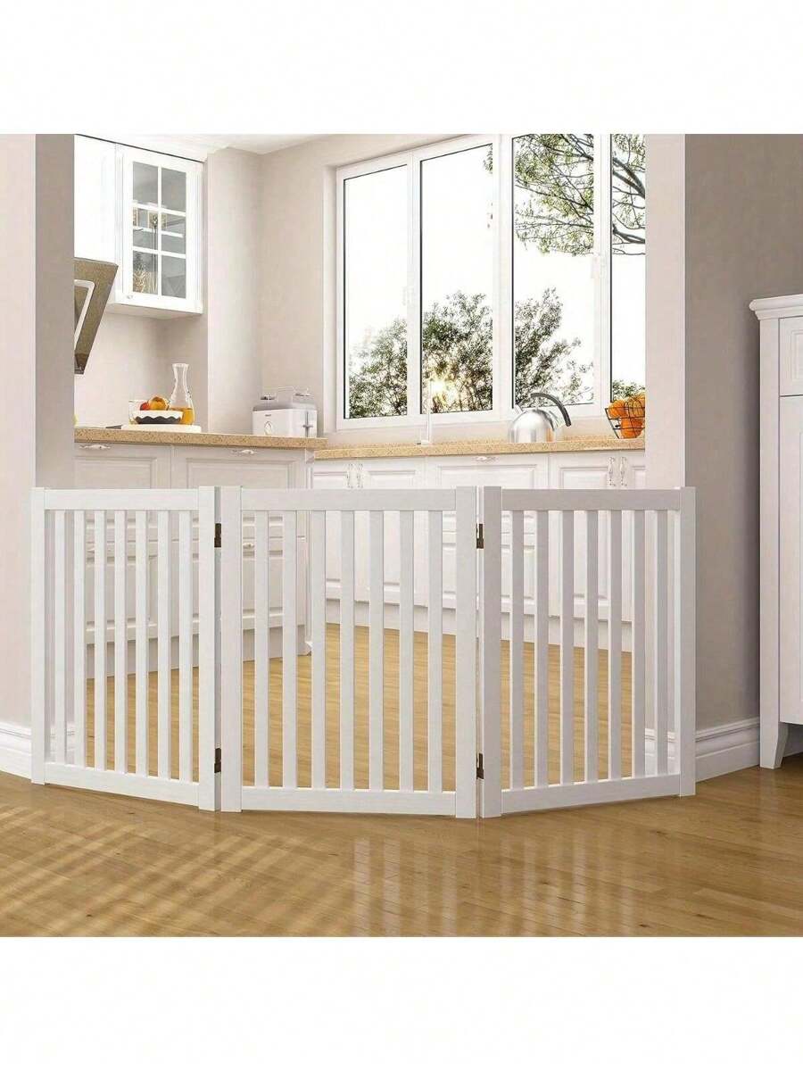 Wooden Freestanding Pet Gate, 24 Inch 3 Panel Step Over Fence, Expands ...