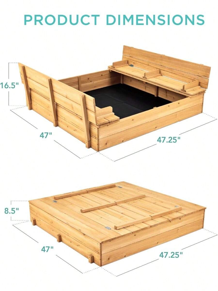 Outdoor Wooden Sandbox Large, Cedar Wood With Foldable Bench Seats And ...