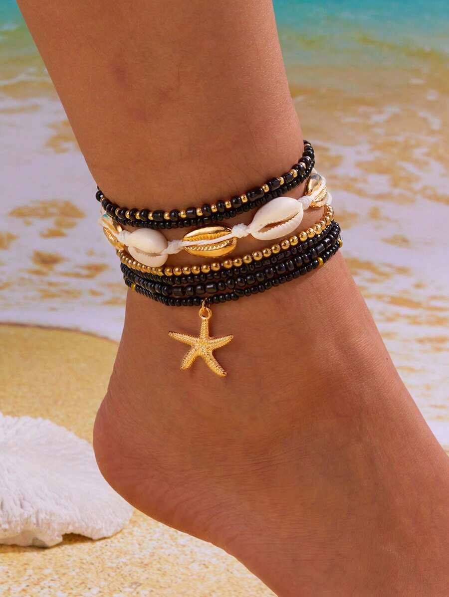 7pcs Bohemian Style Beachy Starfish Shell & Rice Bead Elastic Anklet ...