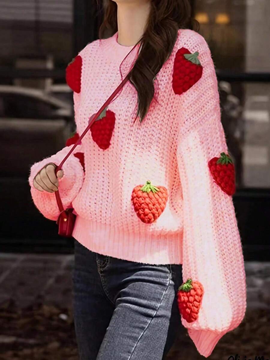 [Custom Made] Cute Plush 3D Strawberry Knitted Sweater For Women, Sweet ...