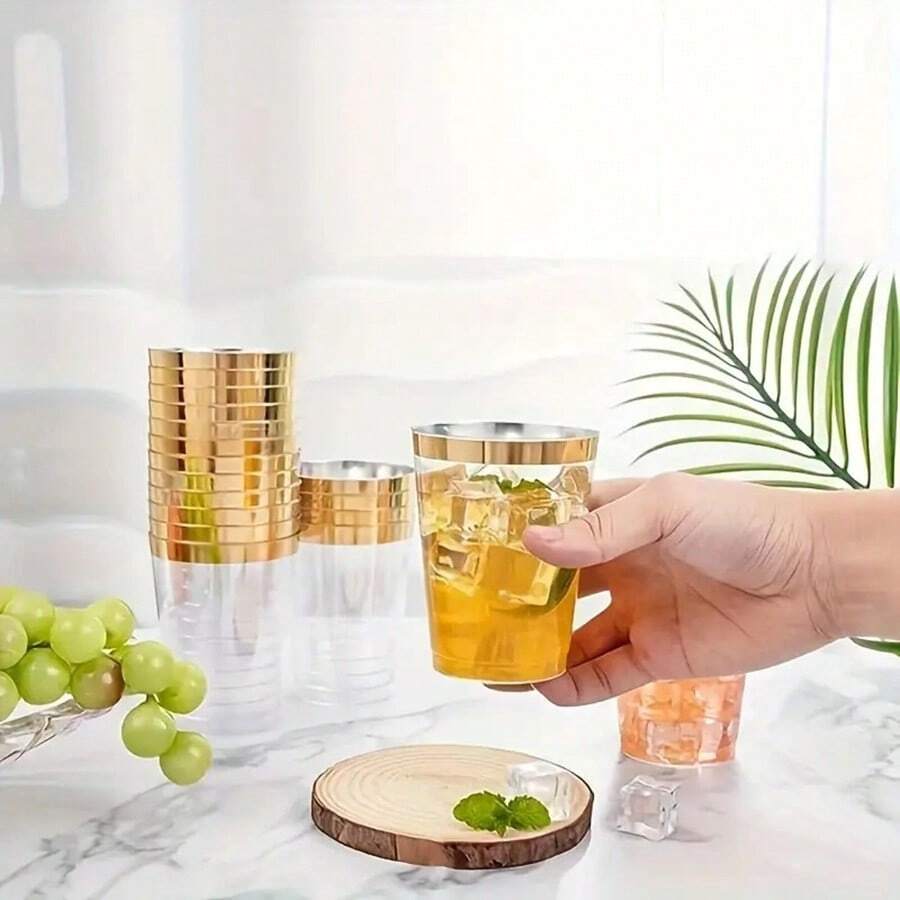 10oz Reusable Plastic Cup With Gold Rim, Clear Plastic Wine Glasses ...
