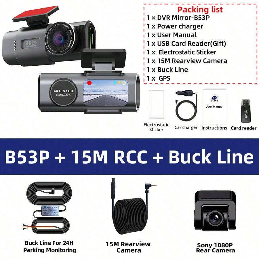 E-ACE 4K Dashcam Mini Camera Recorder GPS Wifi 24H Parkeren Dubbele ...