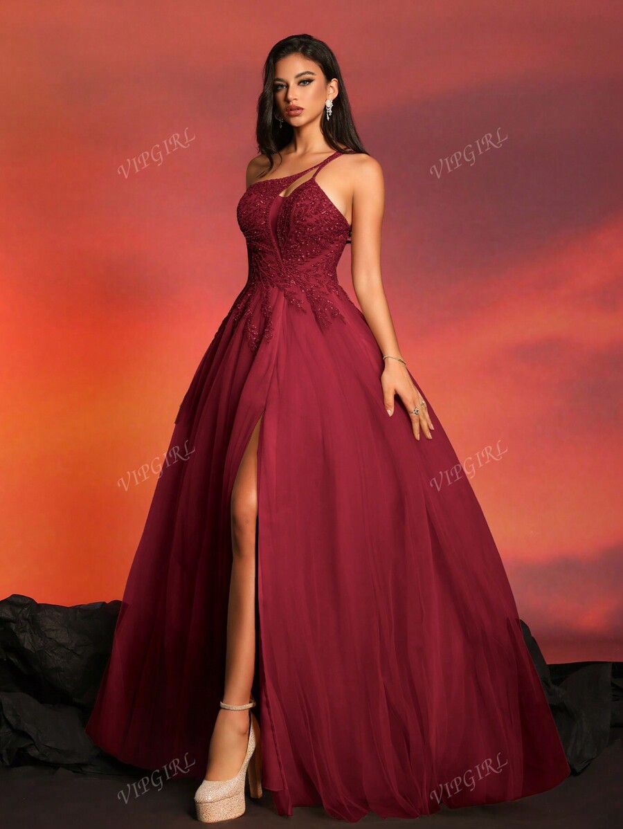 VIPGIRL Burgundy Red Asymmetrical Neck Sequined Maxi Evening Gown ...