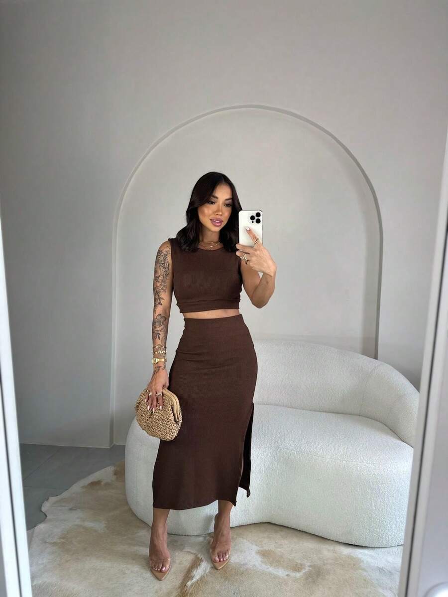 Conjunto ANARRUGA Saia Mid e Cropped Com Bojo Feminino Conjunto Paloma ...