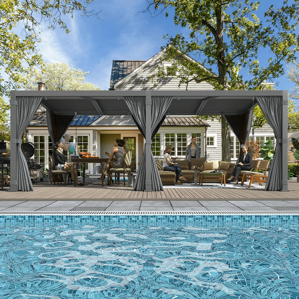 12x20 Ft Louvered Pergola, Dark Grey Aluminum Structure With Adjustable ...