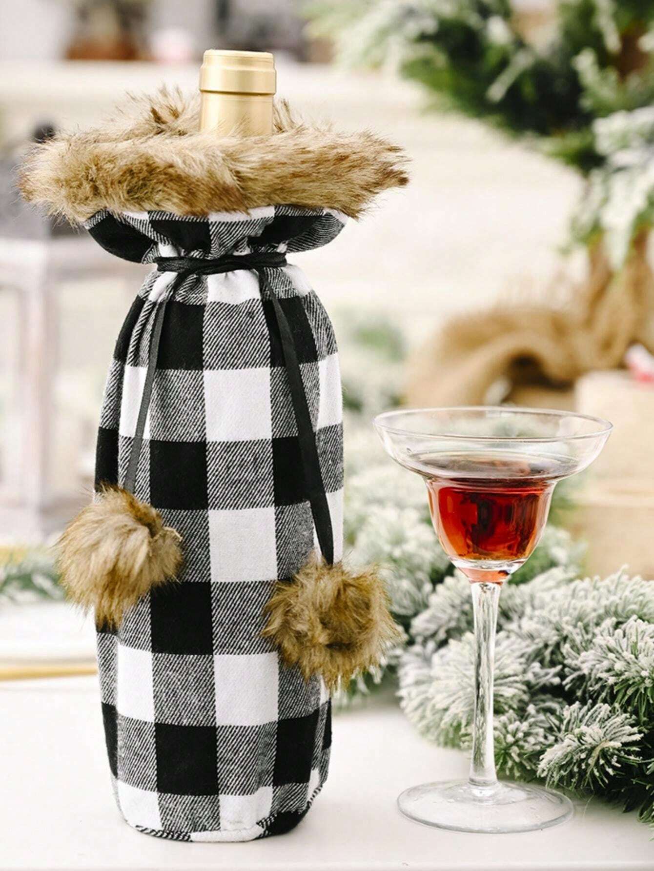 1pc Christmas Celebration Supplies Pompom Plaid Wine Bottle Cover ...