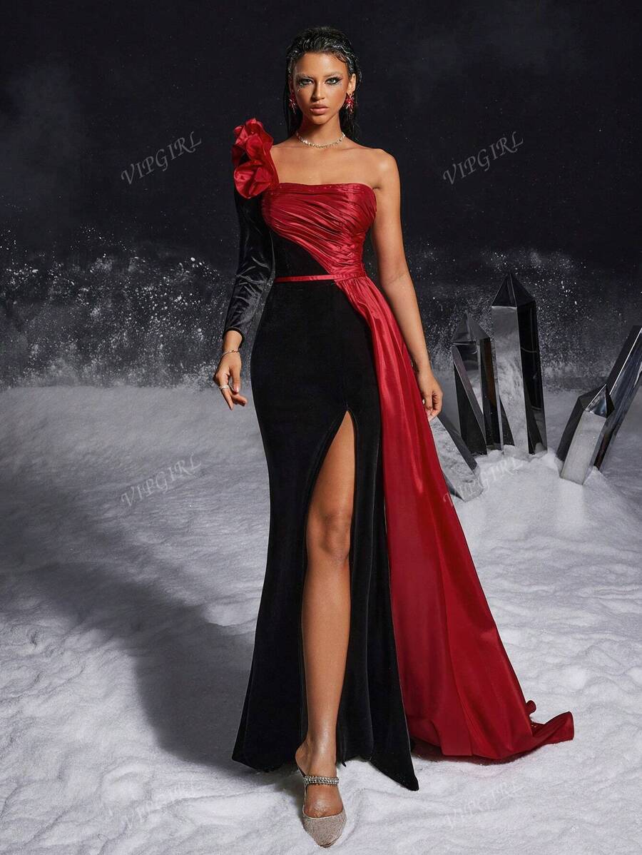 VIPGIRL Elegant Red And Black One-Shoulder High Slit Gown, Flower ...