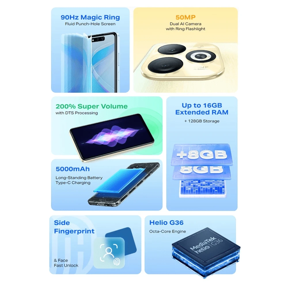 Infinix Smart 8 Pro 8GB+128GB MTK Helio G36 6,6" Tela 90Hz 50MP Câmera Dual AI 5000mAh Versão ...