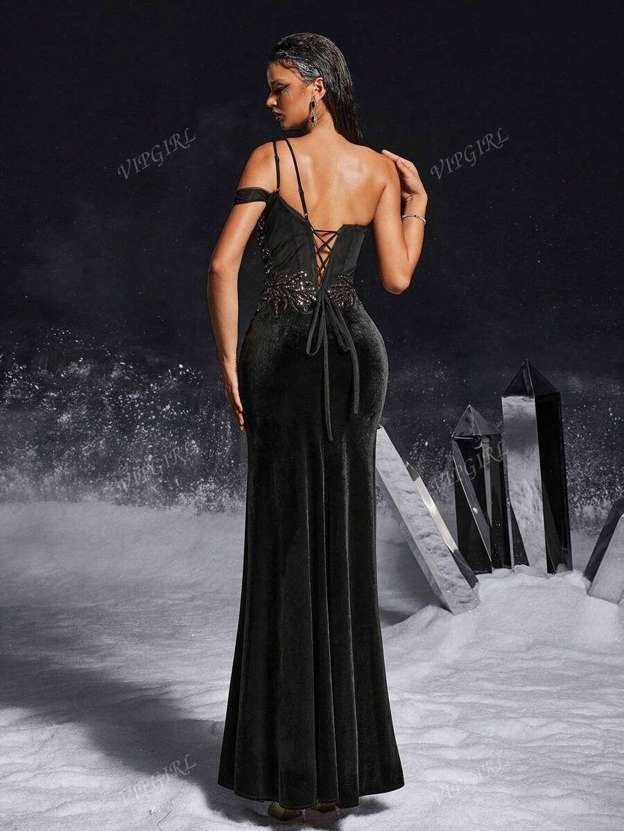 VIPGIRL Elegant Glamorous Black One-Shoulder Velvet Beaded Sheath Evening Gown With High Slit ...