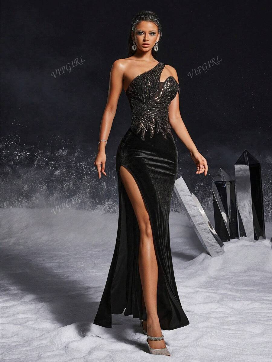 VIPGIRL Elegant Glamorous Black One-Shoulder Velvet Beaded Sheath Evening Gown With High Slit ...