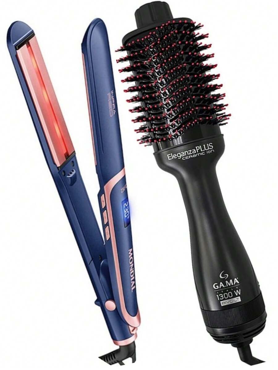 Gama Eleganza Plus Hair Dryer Brush Flat Iron P-01-IR Rose Straightens ...