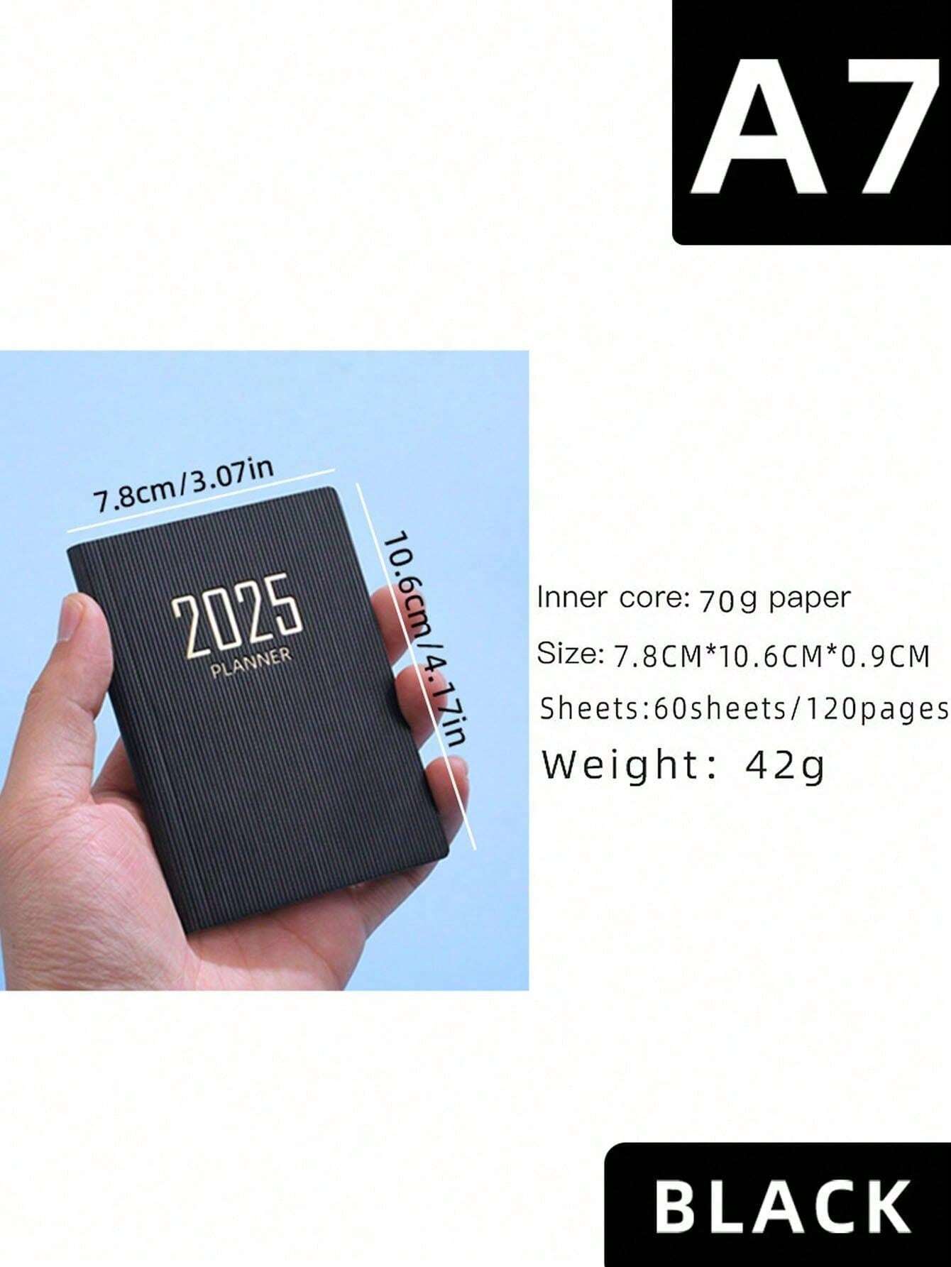 1個 A7サイズ 2025 コンパクト カバー英語プランナーノート ポータブル ポケットA7ノート ミニマリスト スケジュールブック 60枚/120ページ 薄型ウィークリー日記 2025日程表 ...