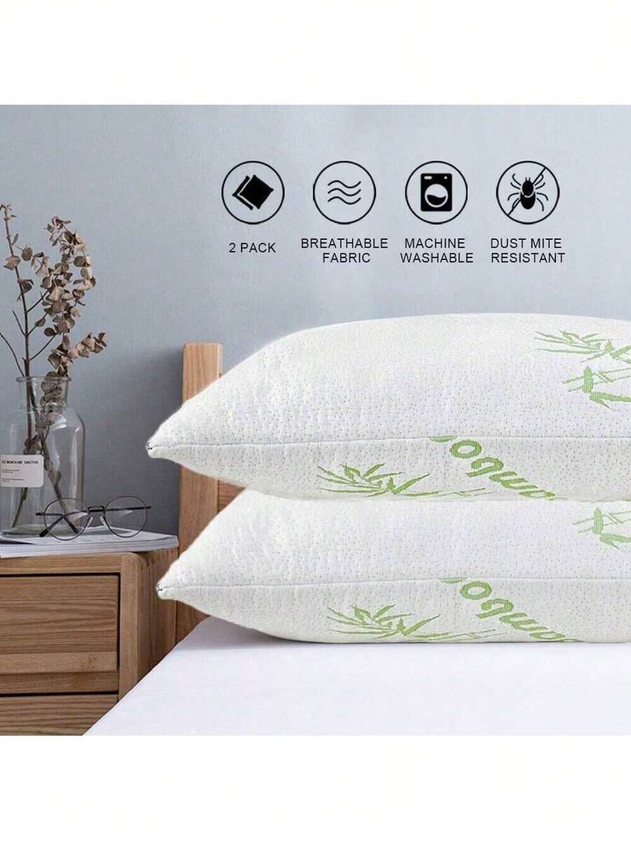 Shredded Memory Foam Fill Bamboo Fiber Bed Pillow Moldable Breathable Set Of 2 | SHEIN USA