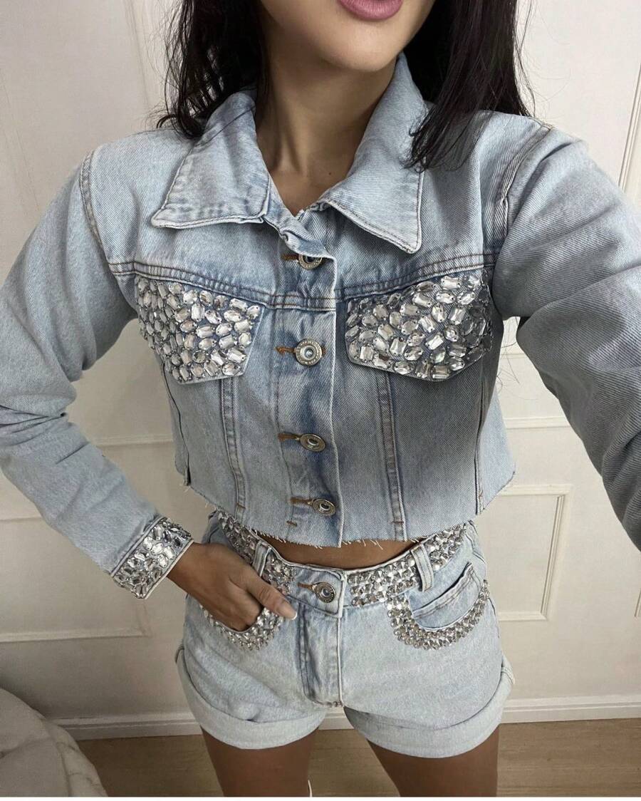 JANE FINE 8305 conjunto jeans feminina blusa e short manga longa com ...