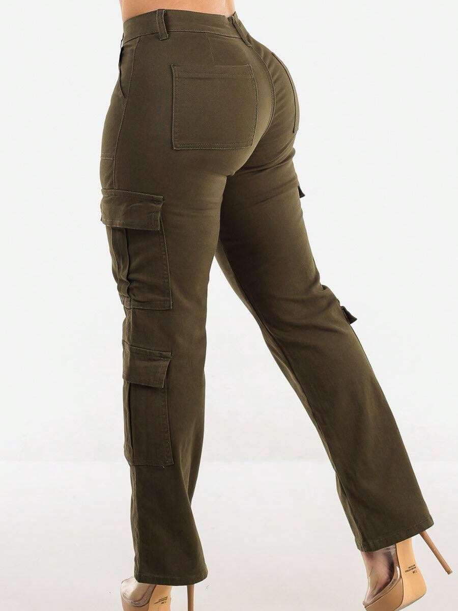 Moda Xpress Butt Lift Mid Rise Straight Wide Leg Cargo Pants Olive ...