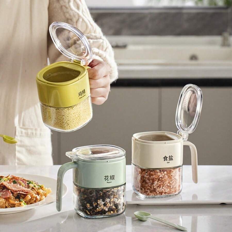 סוג עיתונות יוקרה צנצנת תיבול זכוכית עם מכסה, מיכל מלח למטבח ומיכל MSG ...